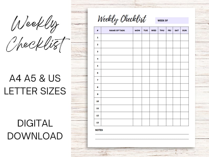 Weekly Checklist, Printable Checklist, Weekly Tasks, To-do List, Goal ...