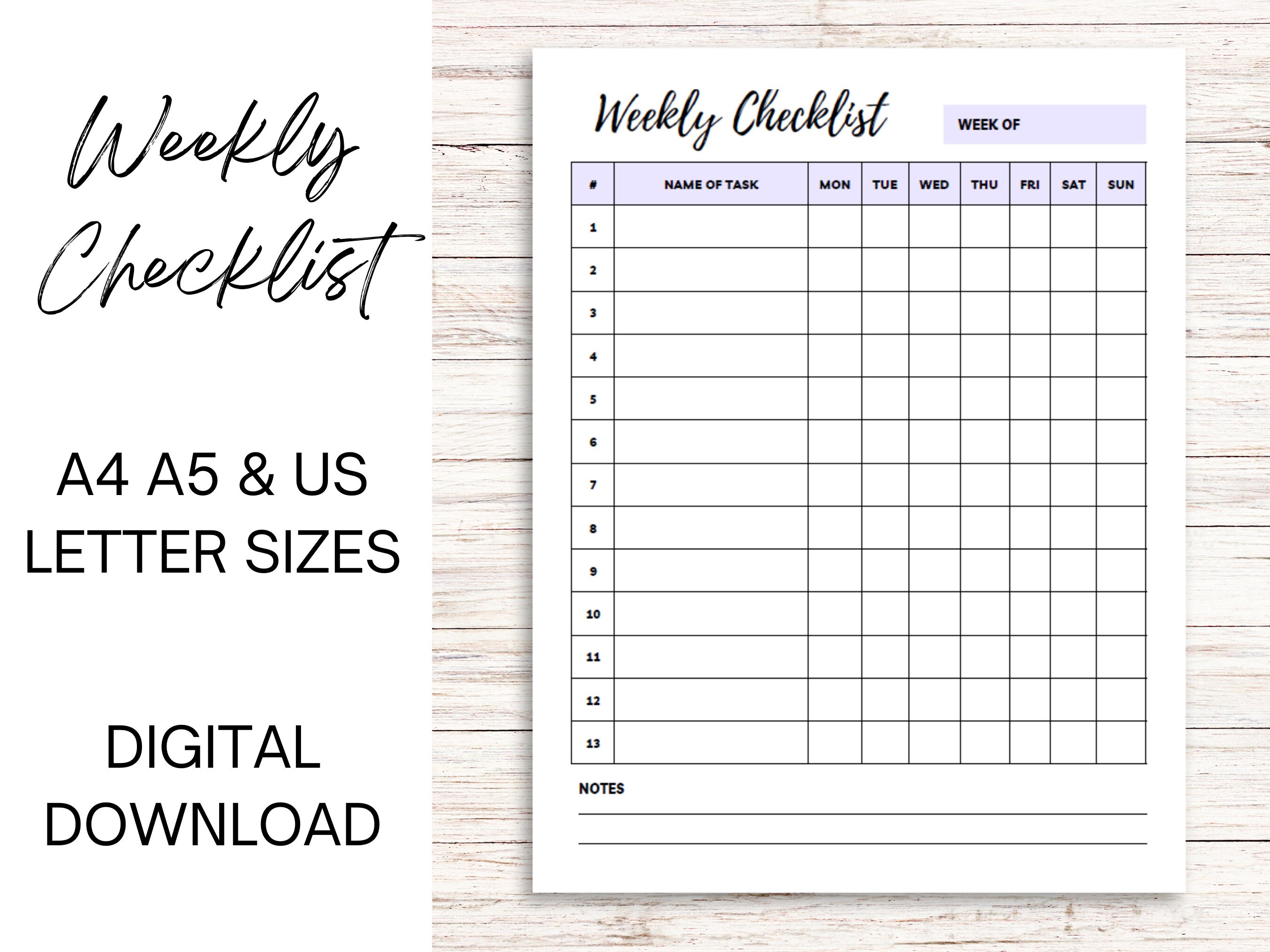 Weekly Checklist, Printable Checklist, Weekly Tasks, To-do List, Goal ...
