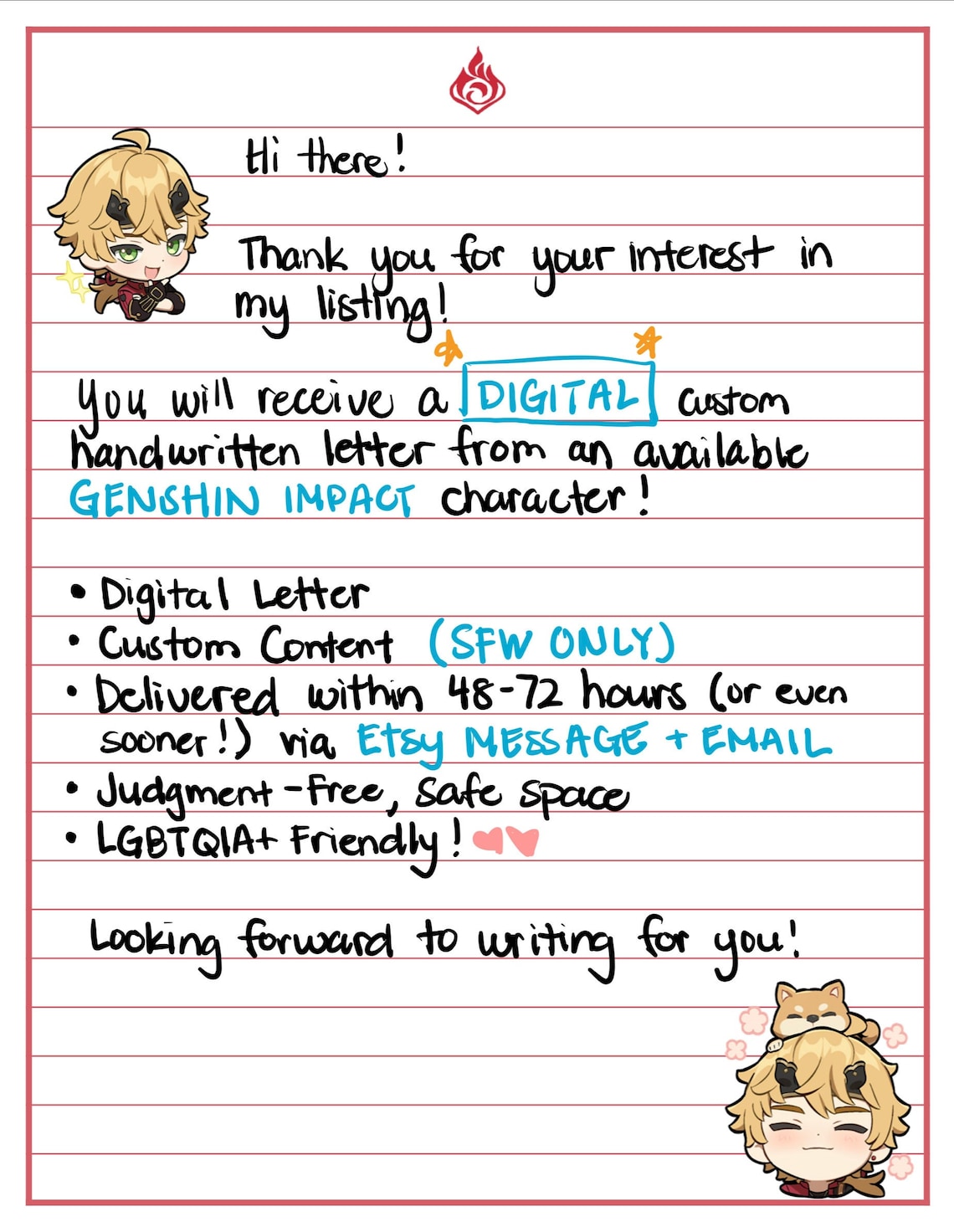 Custom DIGITAL HANDWRITTEN Letter From a Genshin Impact Character - Etsy