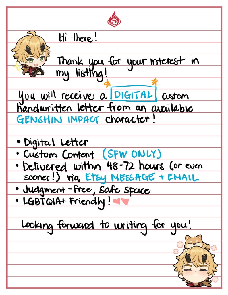 Custom DIGITAL HANDWRITTEN Letter From a Genshin Impact Character - Etsy