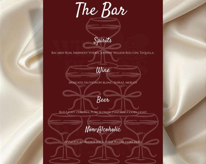 Burgundy 21st Birthday Bar Menu Template: Elegant Printable Sign ...
