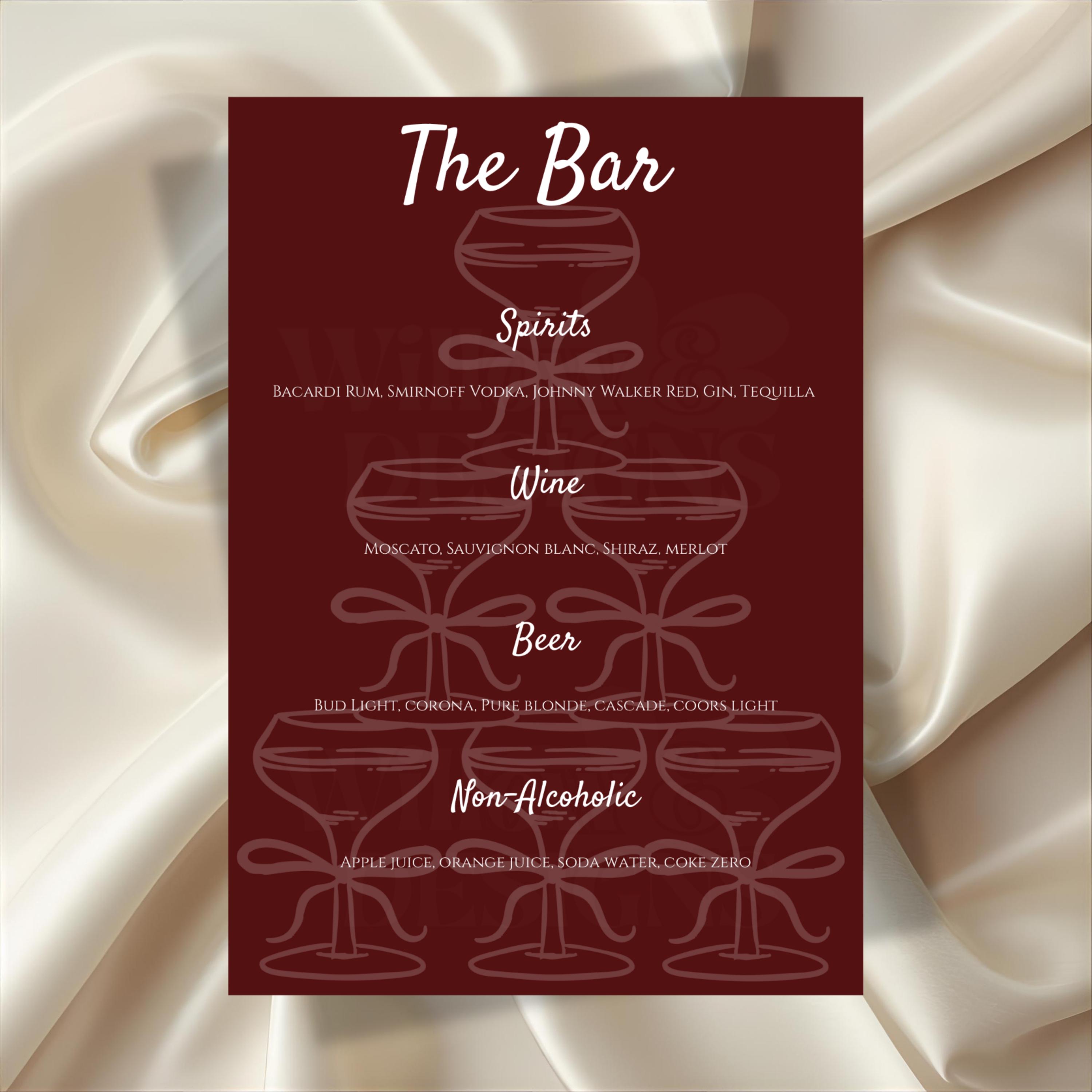 Burgundy 21st Birthday Bar Menu Template: Elegant Printable Sign ...