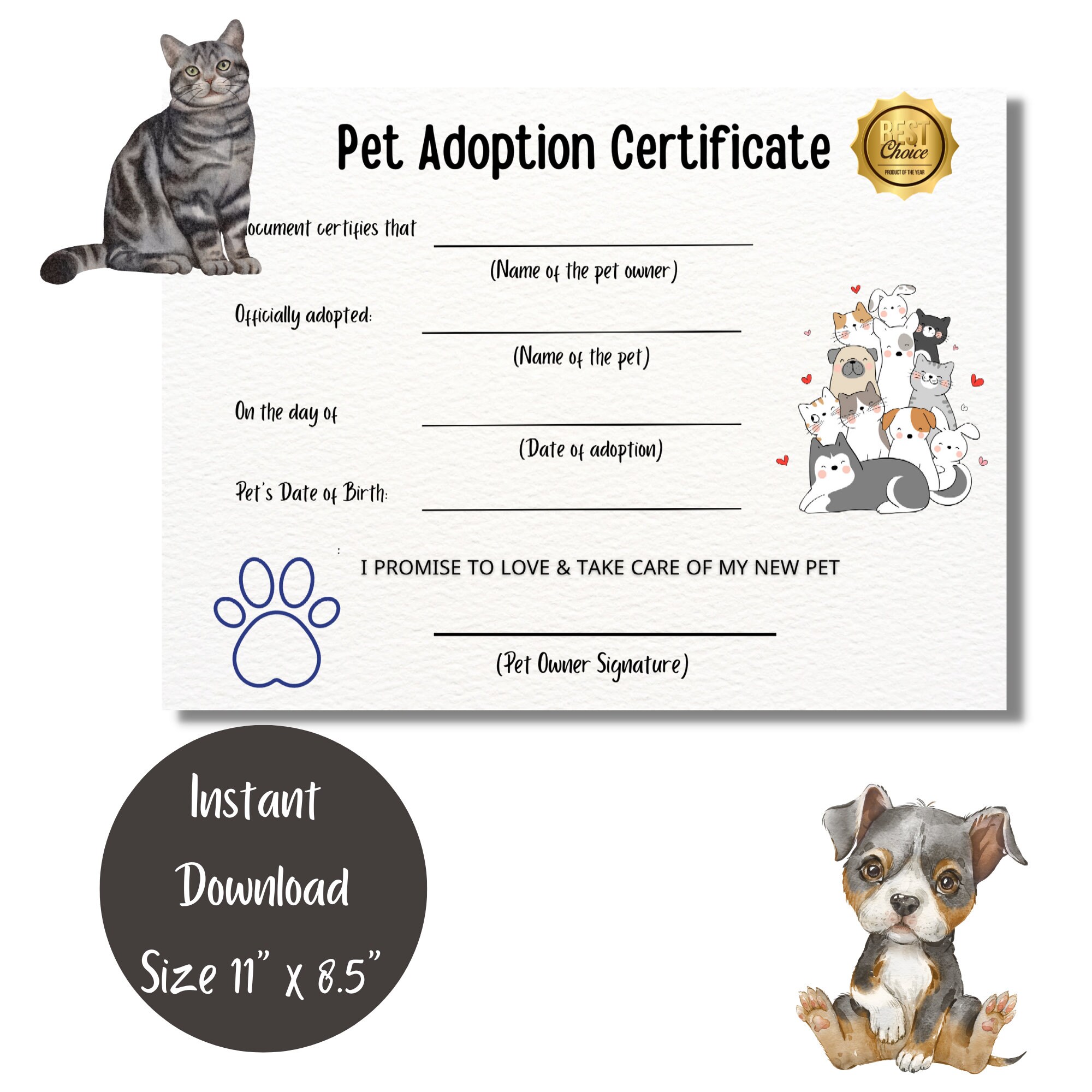 Adopt a Pet Adoption Certificate, Dog, Cat, Instant Download, Printable ...