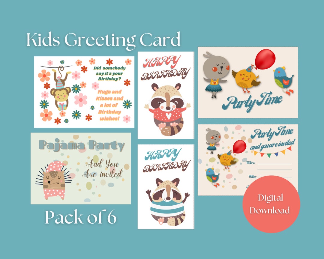 Digital Cards for Kids: Birthday Card and Party Invitation, Pack of 6 ...
