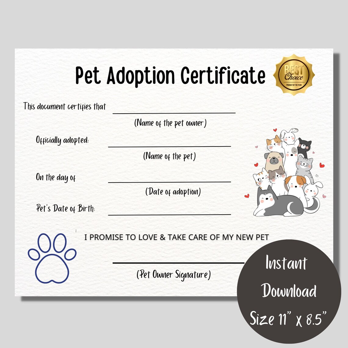 Adopt a Pet Adoption Certificate, Dog, Cat, Instant Download, Printable ...