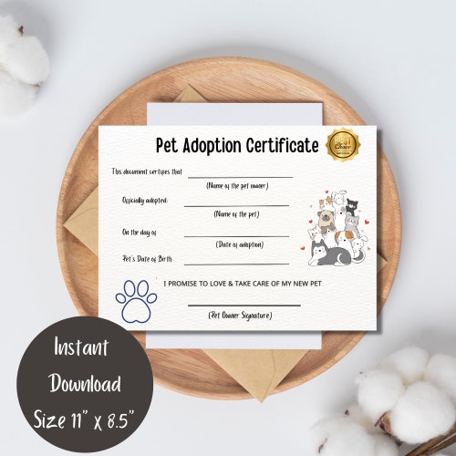 Pet Adoption Certificate Letter Size Printable Instant - Etsy