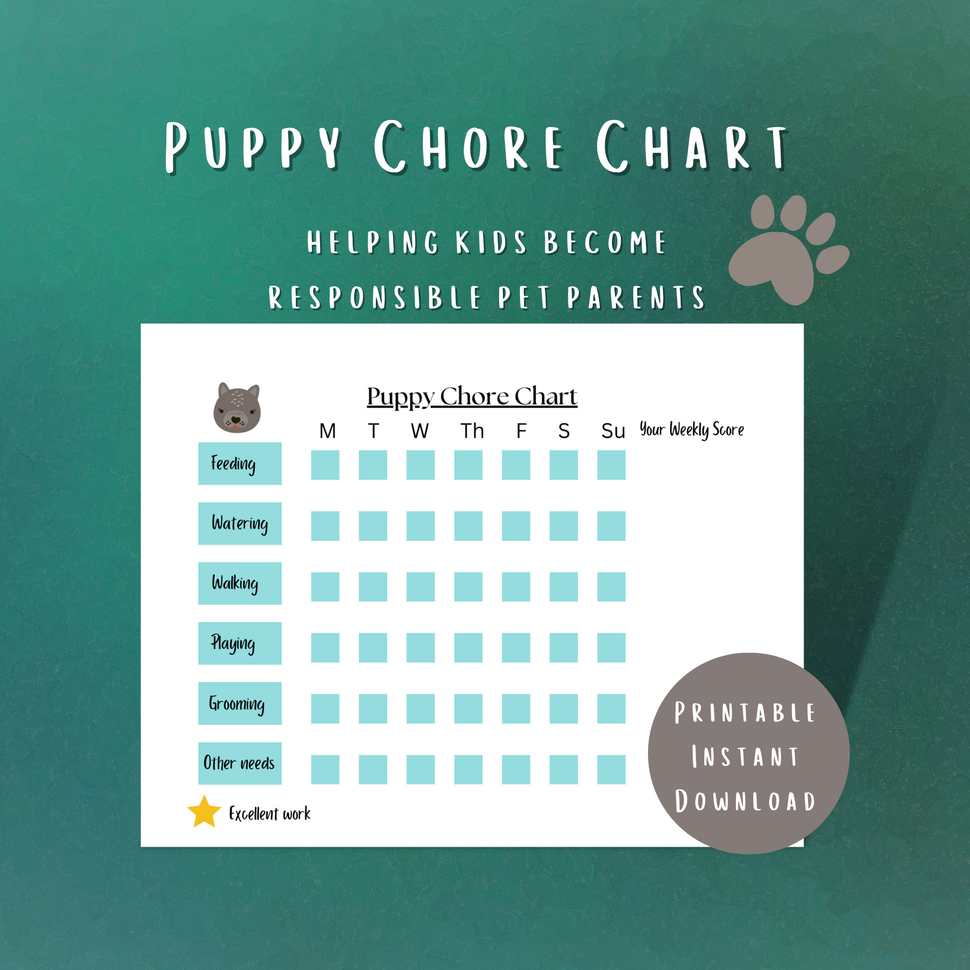Weekly Chore Chart for a New Puppy, Printable, Instant Download, Help ...