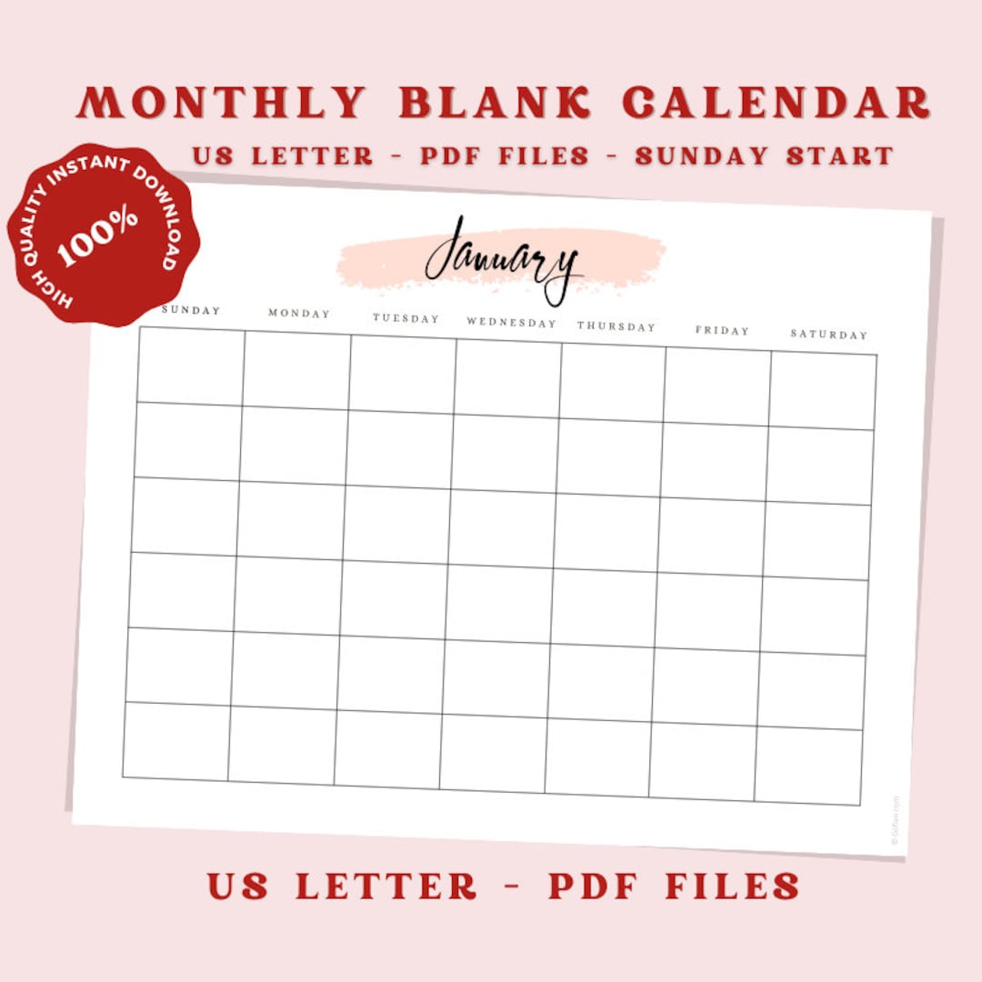 Monthly Blank Calendar Sunday-start, Simple Calendar, 11 X 8.5 Inches ...