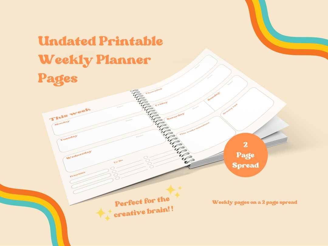 Printable Undated Weekly Planner Pages Digital Download Creative Brain ...