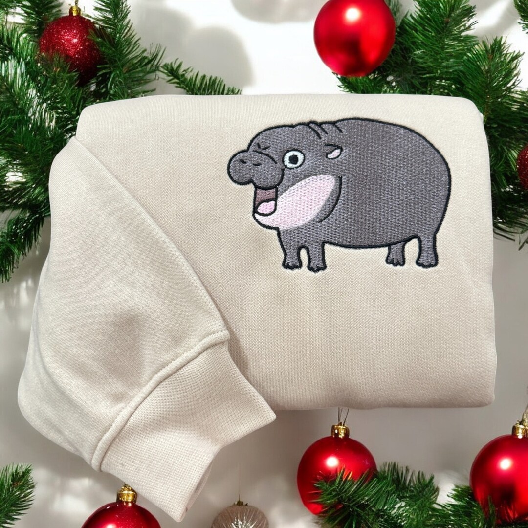 Embroidered Moo Deng Sweatshirt Baby Pygmy Hippo Crewneck Sweater Moo ...