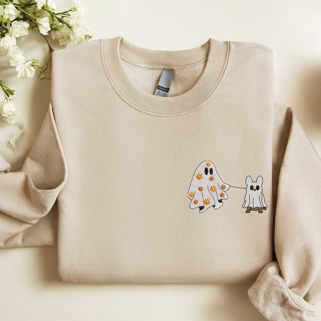 Embroidered French Bulldog Ghost Dog Halloween Sweatshirt Embroidered ...