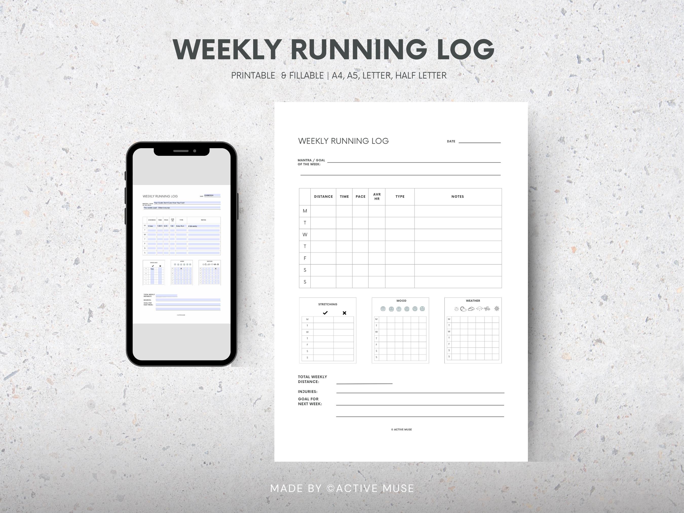 Weekly Running Tracker, Running Log, Running Journal, Fillable ...