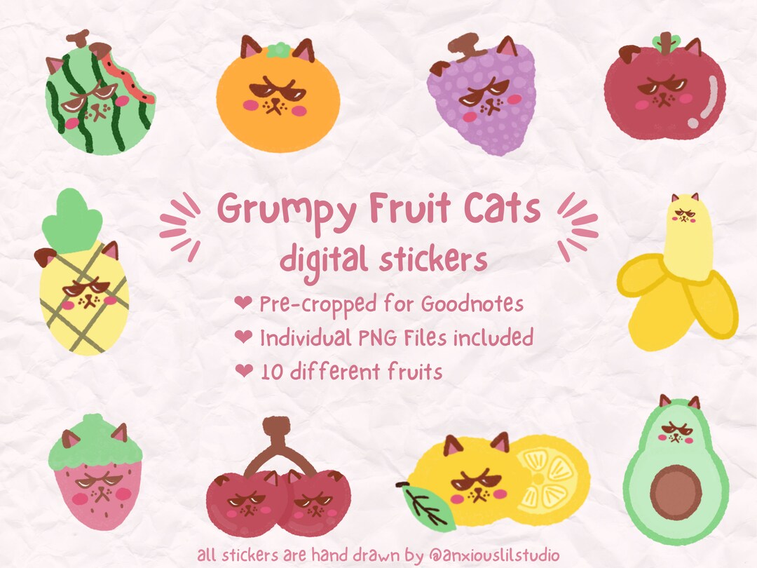 Cute Grumpy Fruit Cats Digital Planner Stickers | Pre-cropped for ...