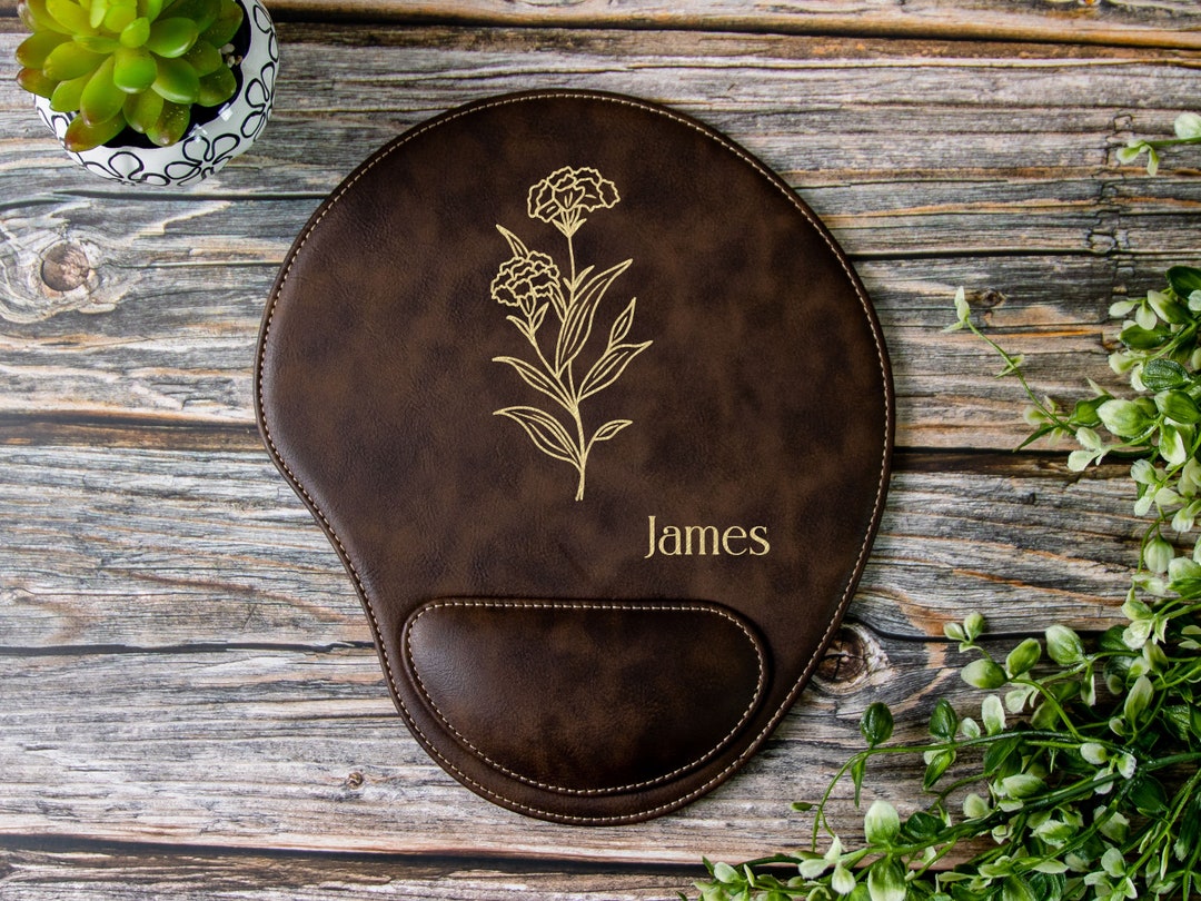 Personalized Engraved Birth Flower Leather Mouse Pad, Customized ...