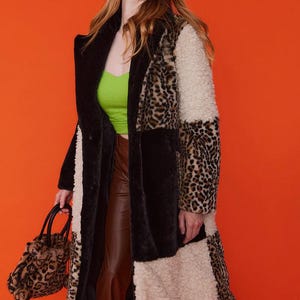 Maxi Coat, Faux Fur, Leopard Print , Patchwork, Unisex, Fashion, Winter ...