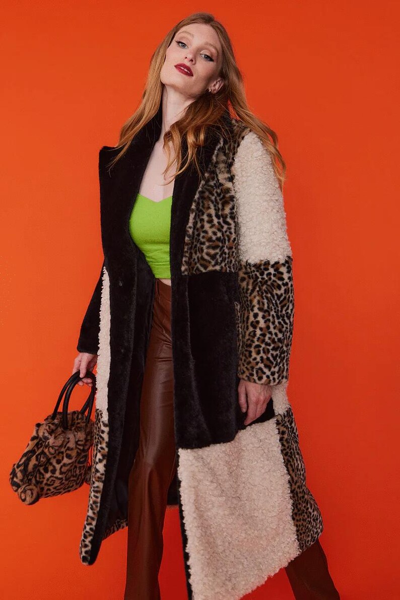 Maxi Coat, Faux Fur, Leopard Print , Patchwork, Unisex, Fashion, Winter ...