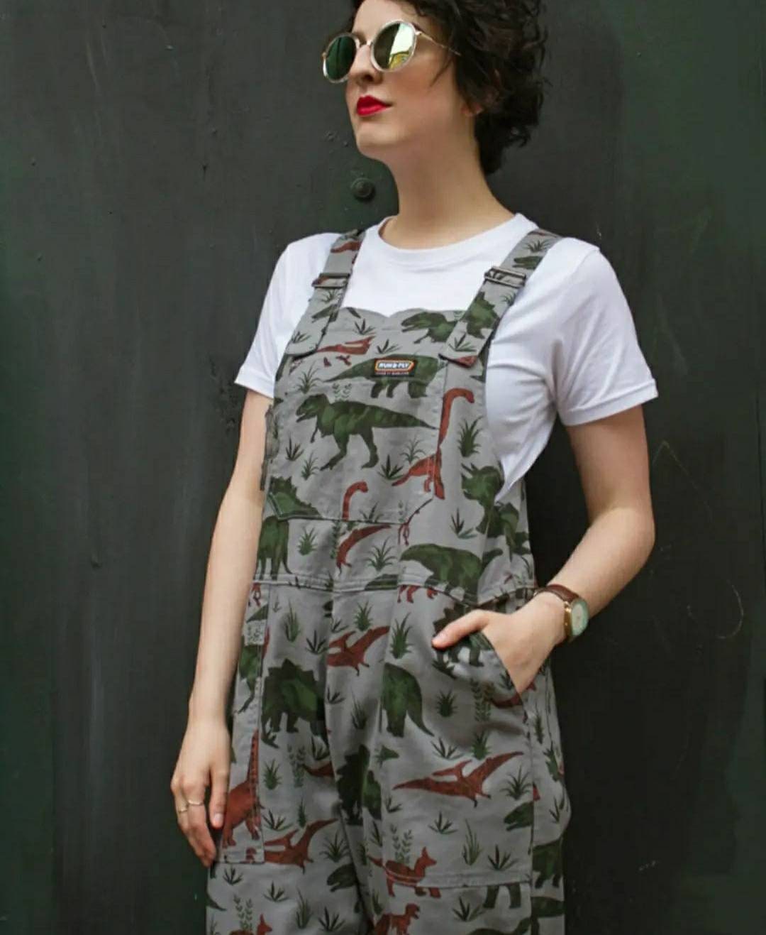 Run & Fly, Dungarees, Dinosaur Print, Grey, Unisex, Overalls, Festivals ...