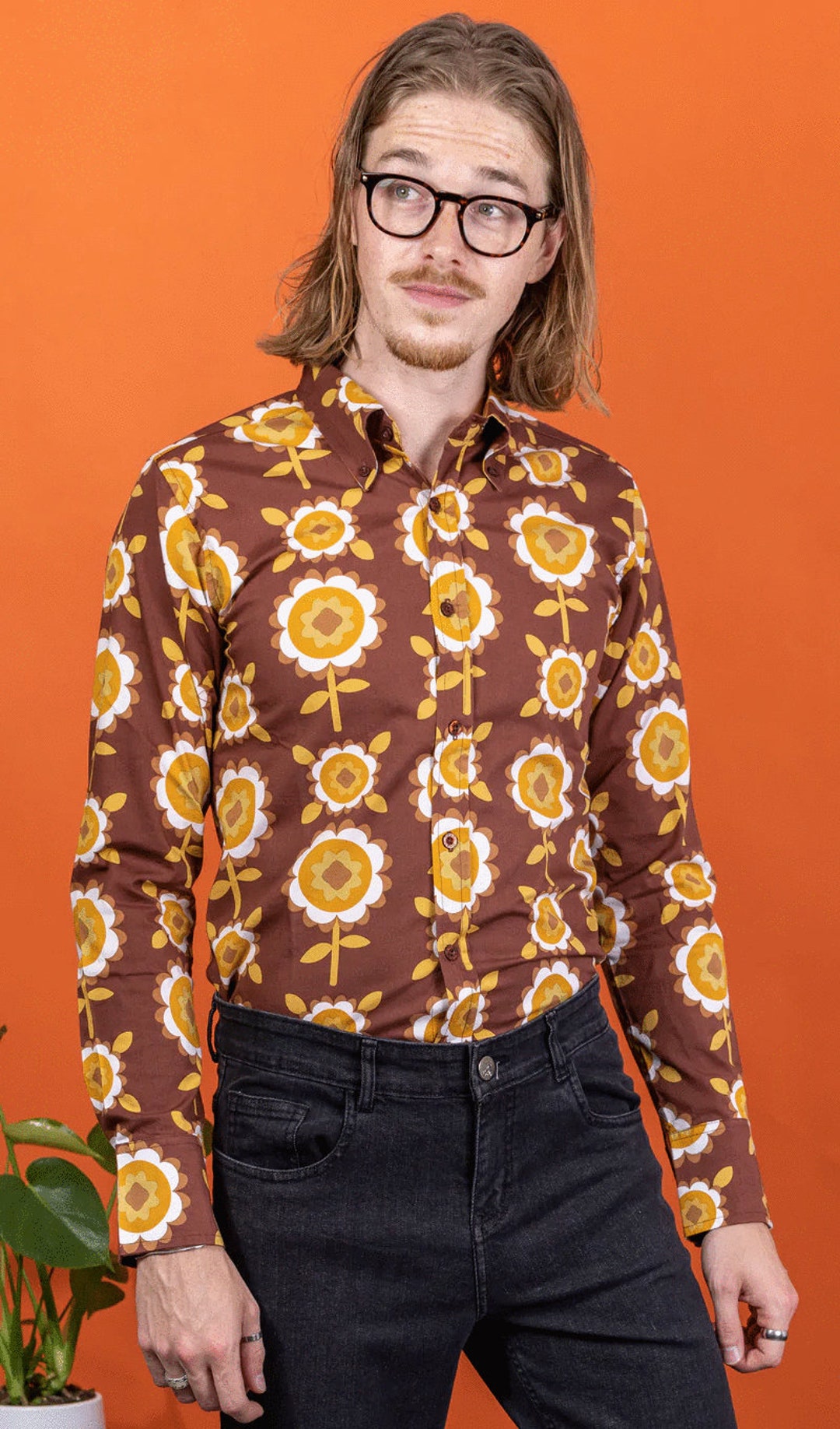 Retro, Men's, Shirt, Brown, Retro Print, Unisex, Festivals, Menswear ...