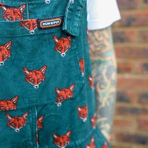 Run & Fly, Dungarees, Fox Print, Corduroy, Green, Unisex, Overalls ...