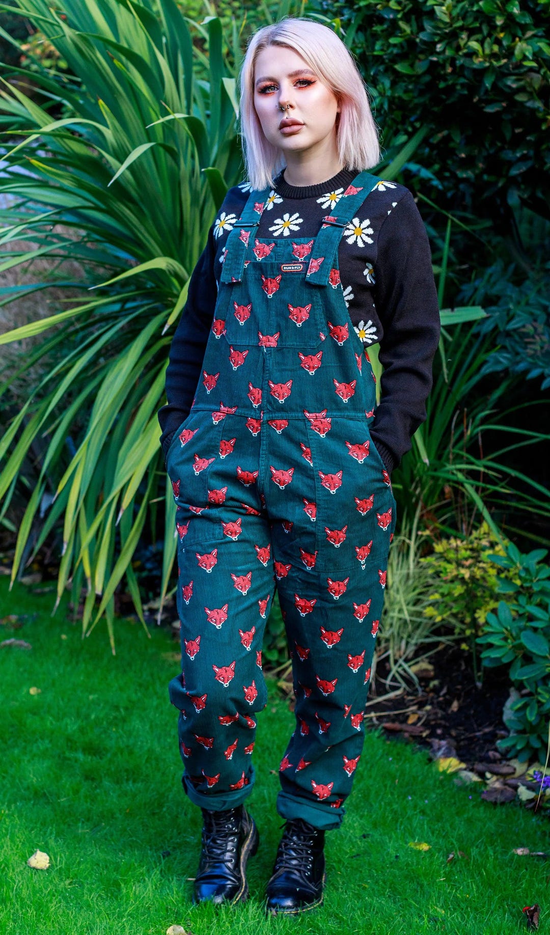 Run & Fly, Dungarees, Fox Print, Corduroy, Green, Unisex, Overalls ...