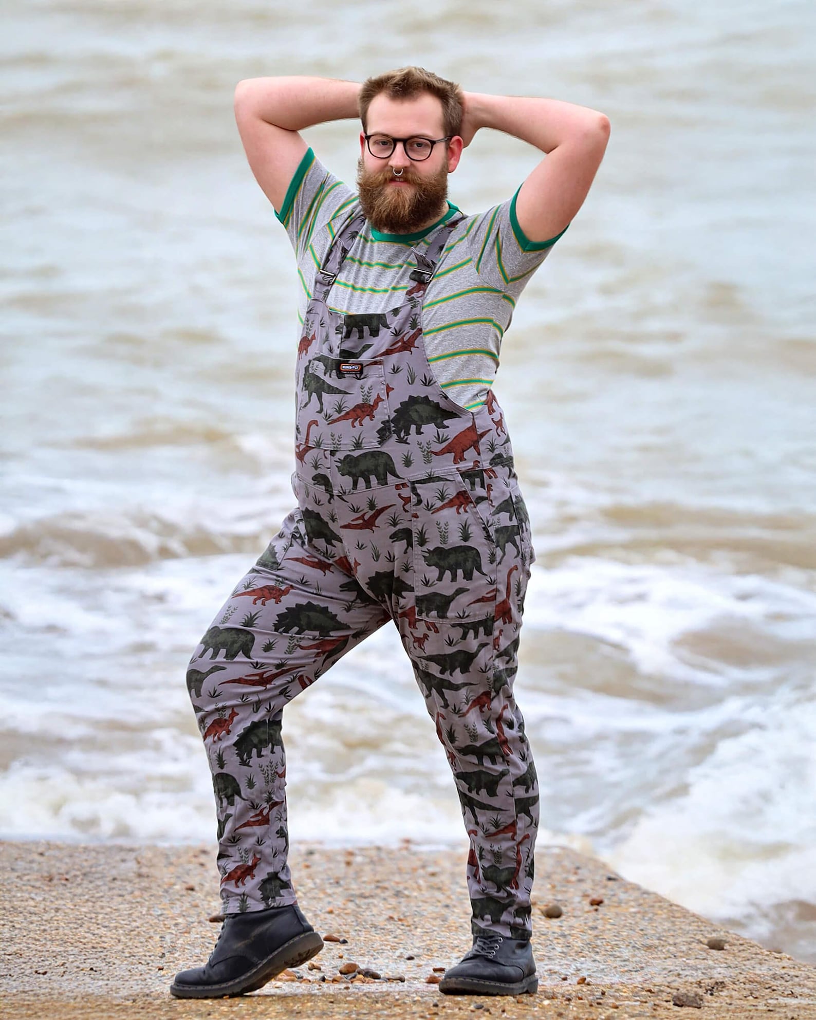 Run & Fly, Dungarees, Dinosaur Print, Grey, Unisex, Overalls, Festivals ...