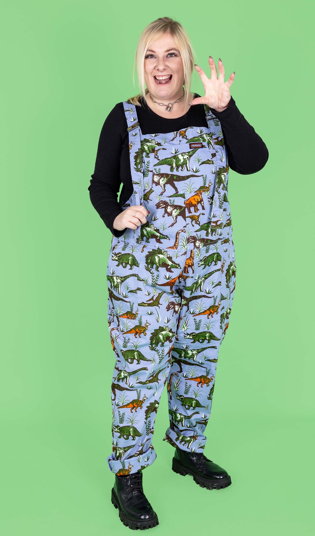 Run & Fly, Dungarees, Dinosaur Print, Blue, Unisex, Overalls, Festivals ...