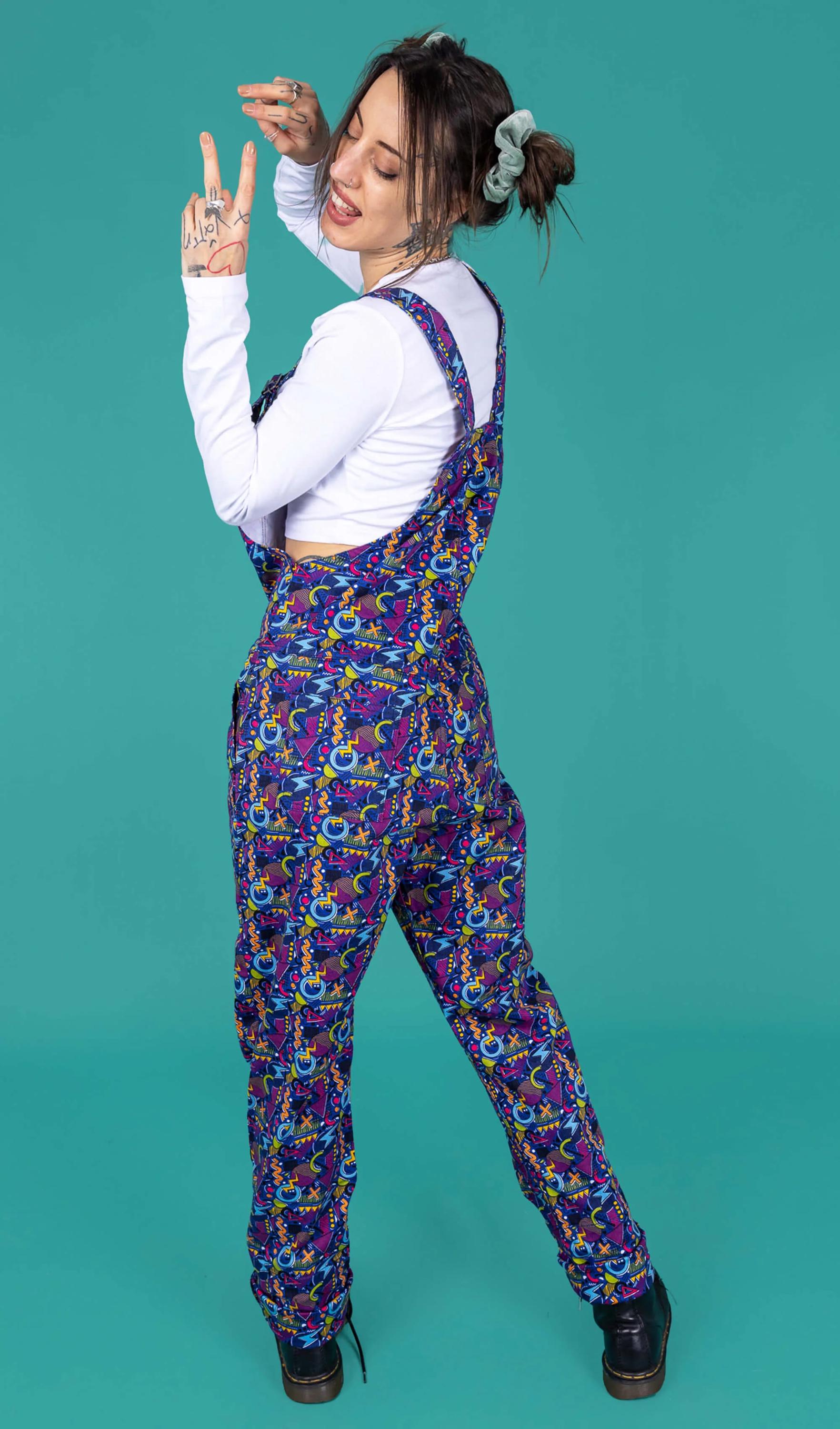 Run & Fly, Dungarees, Purple, 90's Arcade Print, Unisex, Overalls ...