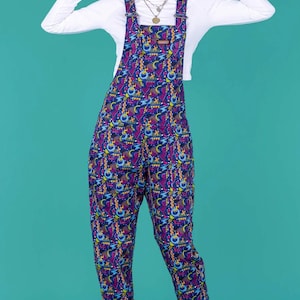 Run & Fly, Dungarees, Purple, 90's Arcade Print, Unisex, Overalls ...