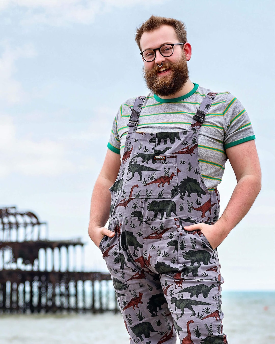 Run & Fly, Dungarees, Dinosaur Print, Grey, Unisex, Overalls, Festivals ...