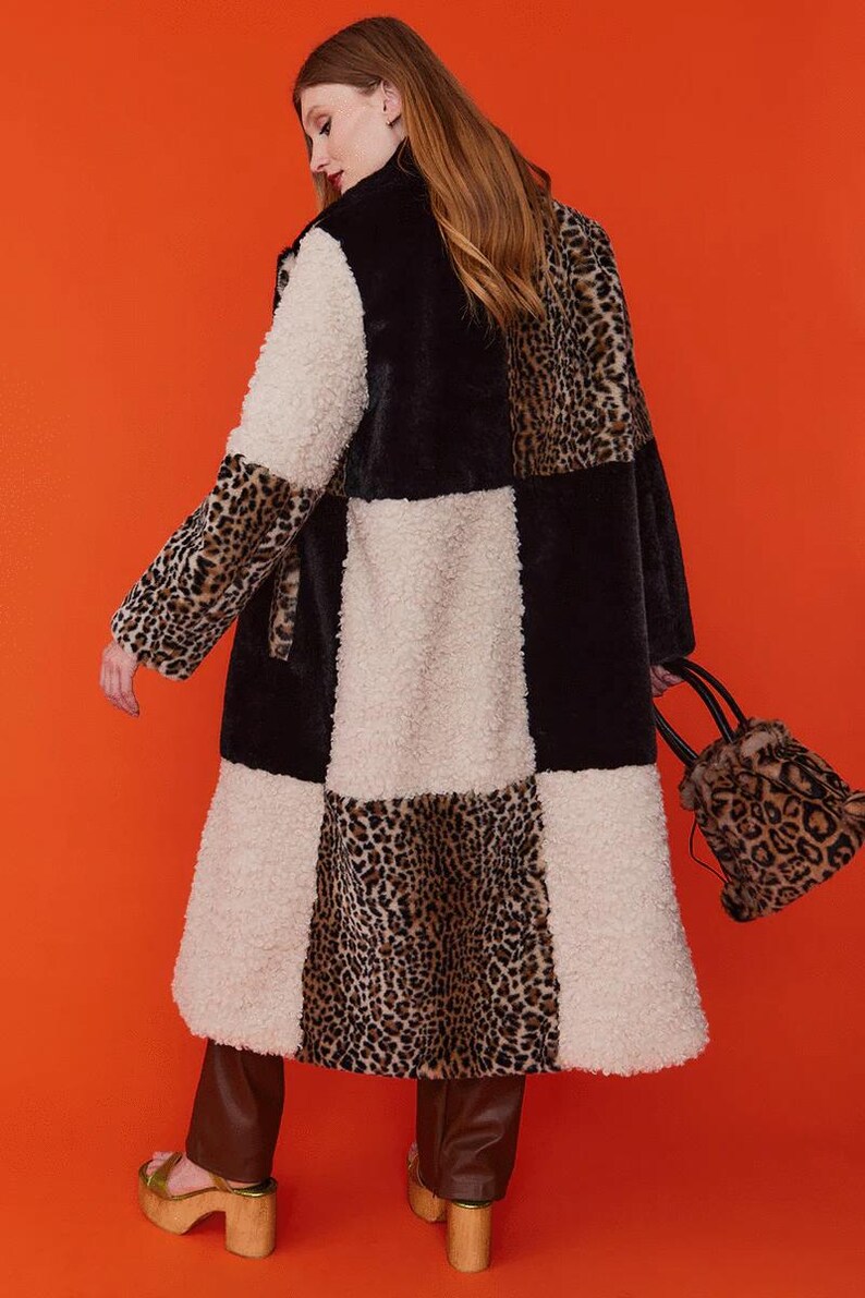 Maxi Coat, Faux Fur, Leopard Print , Patchwork, Unisex, Fashion, Winter ...