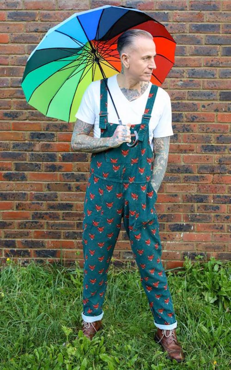 Run & Fly, Dungarees, Fox Print, Corduroy, Green, Unisex, Overalls ...