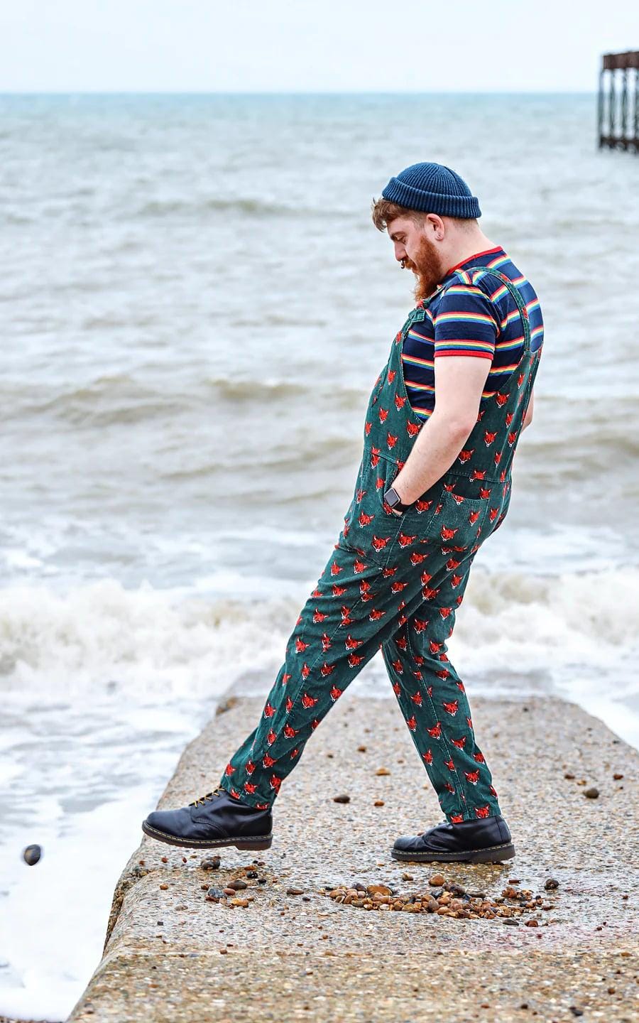 Run & Fly, Dungarees, Fox Print, Corduroy, Green, Unisex, Overalls ...