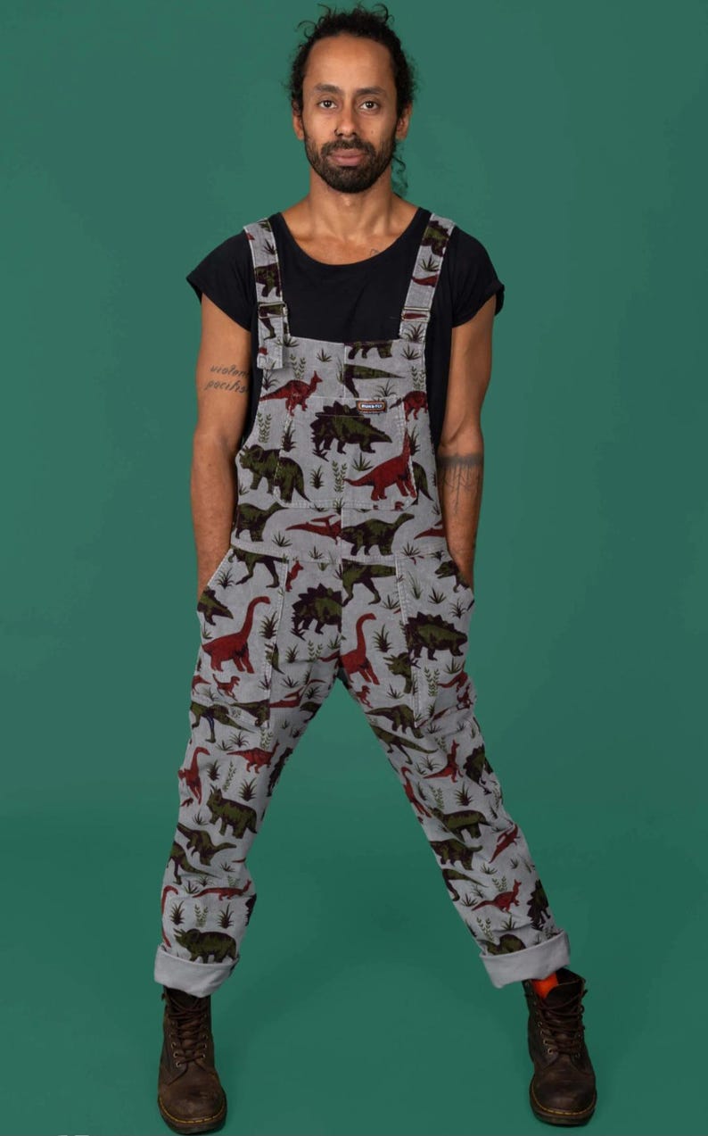 Run & Fly, Dungarees, Dinosaur Print, Corduroy, Grey, Unisex, Overalls ...