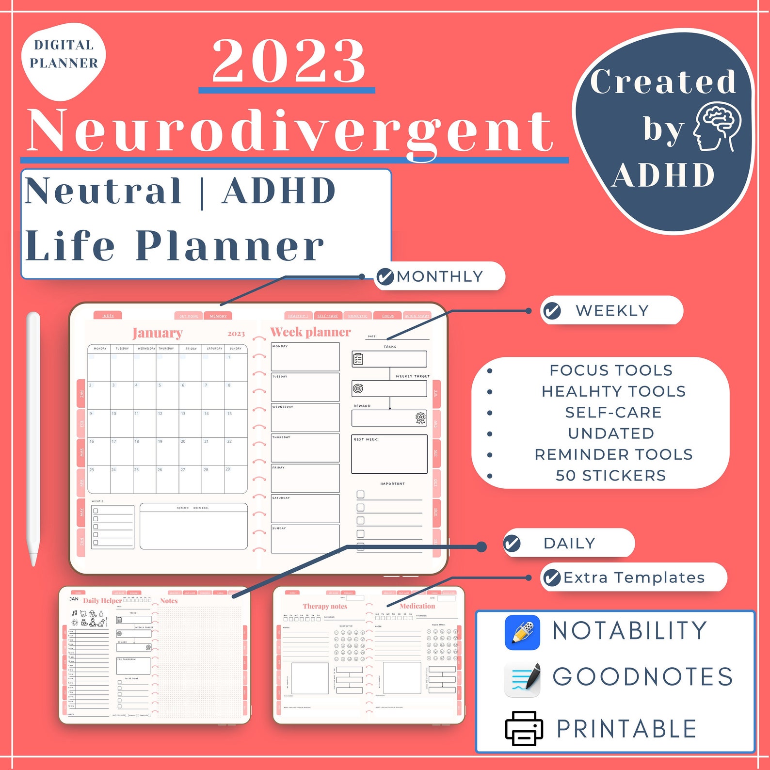 2023 Neurodivergent Versatile Adhd Friendly Digital Planner | DATED ...