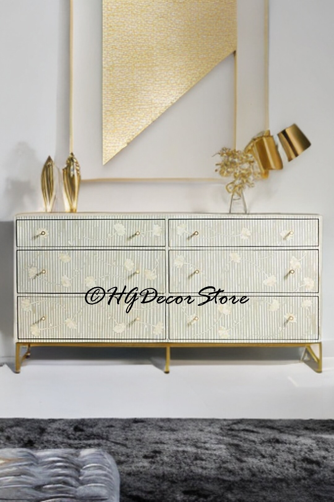 Bone Inlay Flower Motif 6 Drawers Chest Grey, Bone Inlay Flower Motif 6 ...