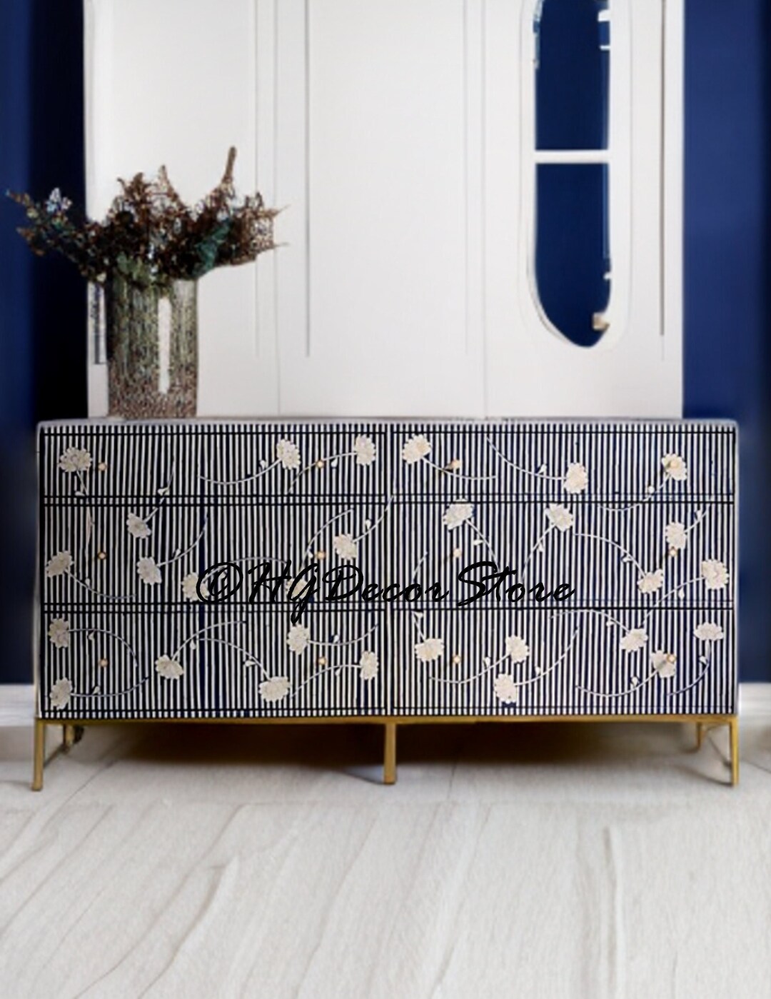 Bone Inlay Flower Motif 6 Drawers Chest Blue, Bone Inlay Flower Motif 6 ...