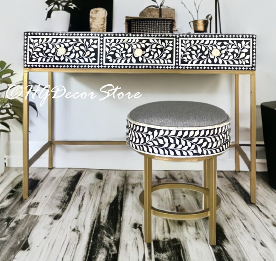 Bone Inlay Scrollvine 3 Drawers Console and Stool Black, Bone Inlay ...