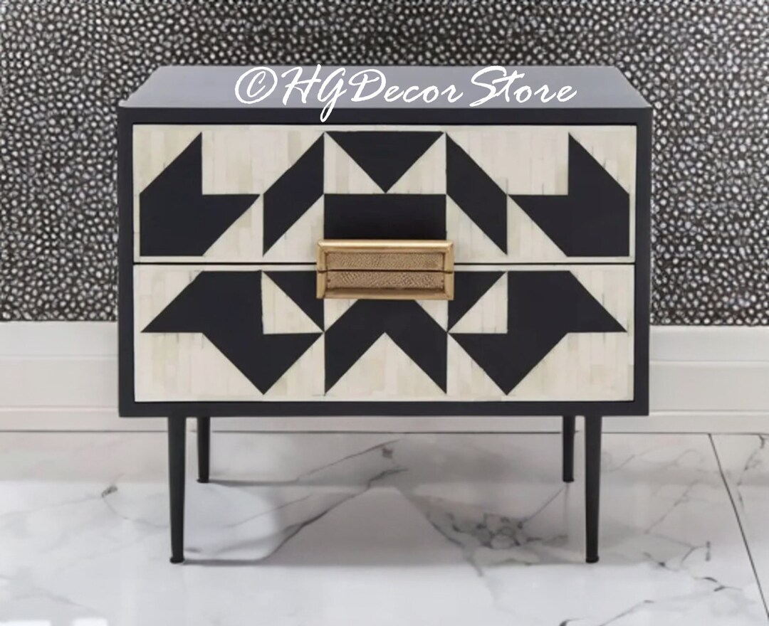 Bone Inlay Bedside Table Black and White, Bone Inlay Nightstand Table ...