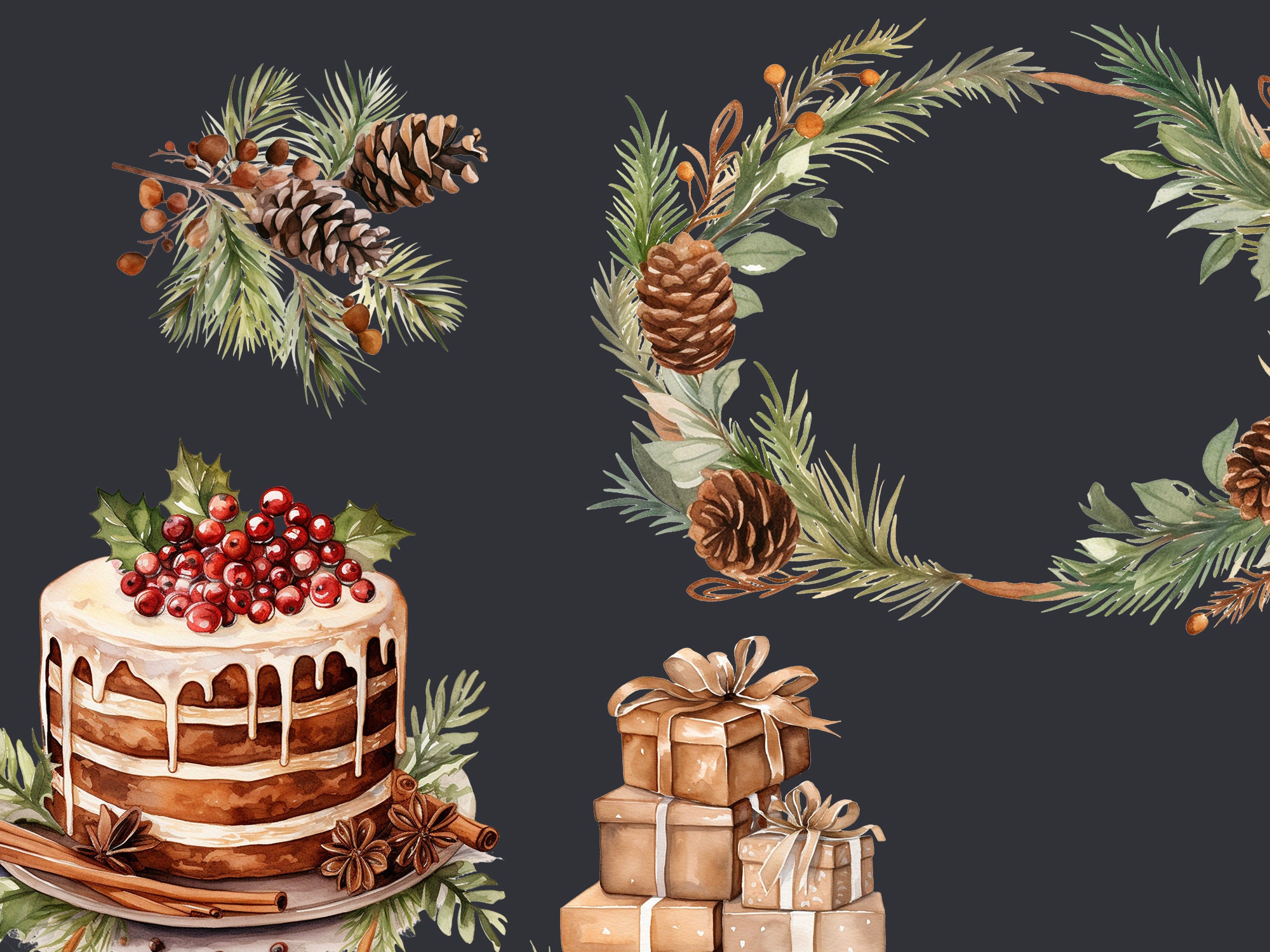 Boho Brown Christmas Winter Watercolor Clipart PNG Bundle. AI ...