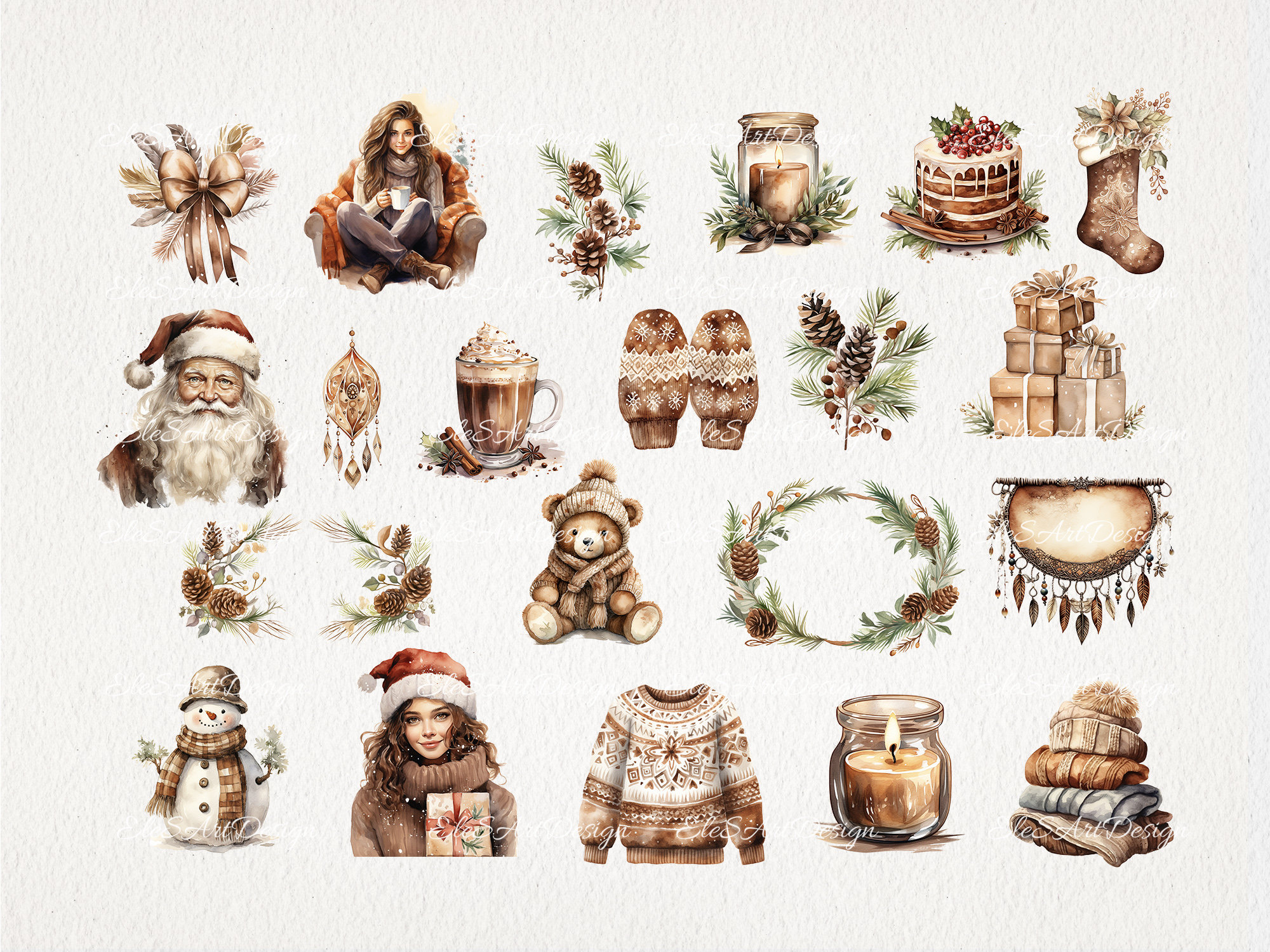 Boho Brown Christmas Winter Watercolor Clipart PNG Bundle. AI ...