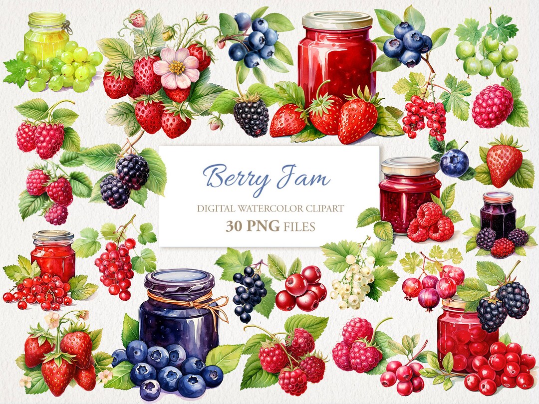 Berry Jam Watercolor Clipart PNG Bundle. Strawberry Raspberry AI ...
