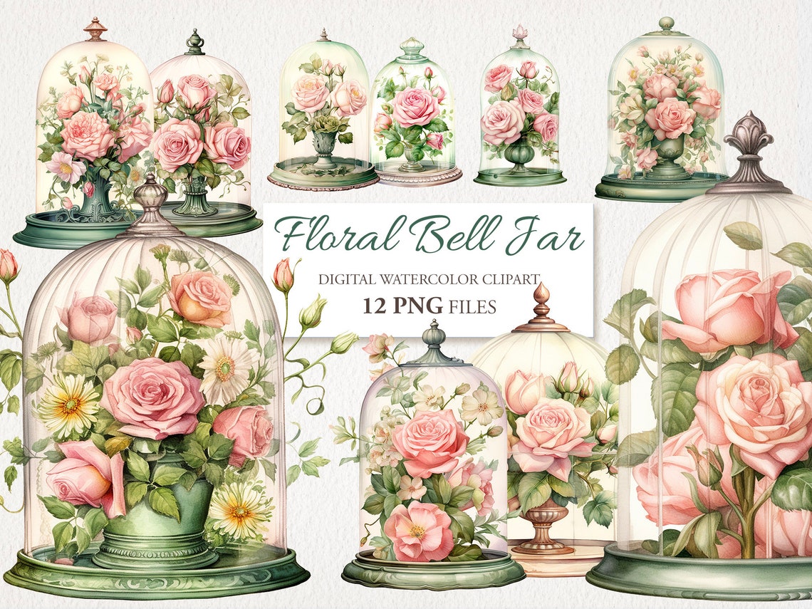 Floral Bell Jars Watercolor Clipart PNG Bundle. Vintage Flowers Clip ...
