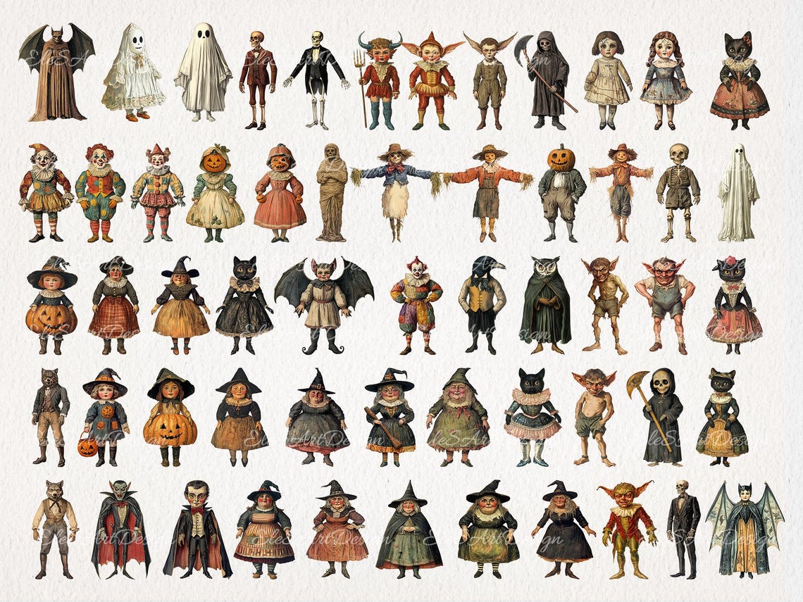 Halloween Creepy Paper Dolls Clipart. Vintage Illustrations. for Junk ...