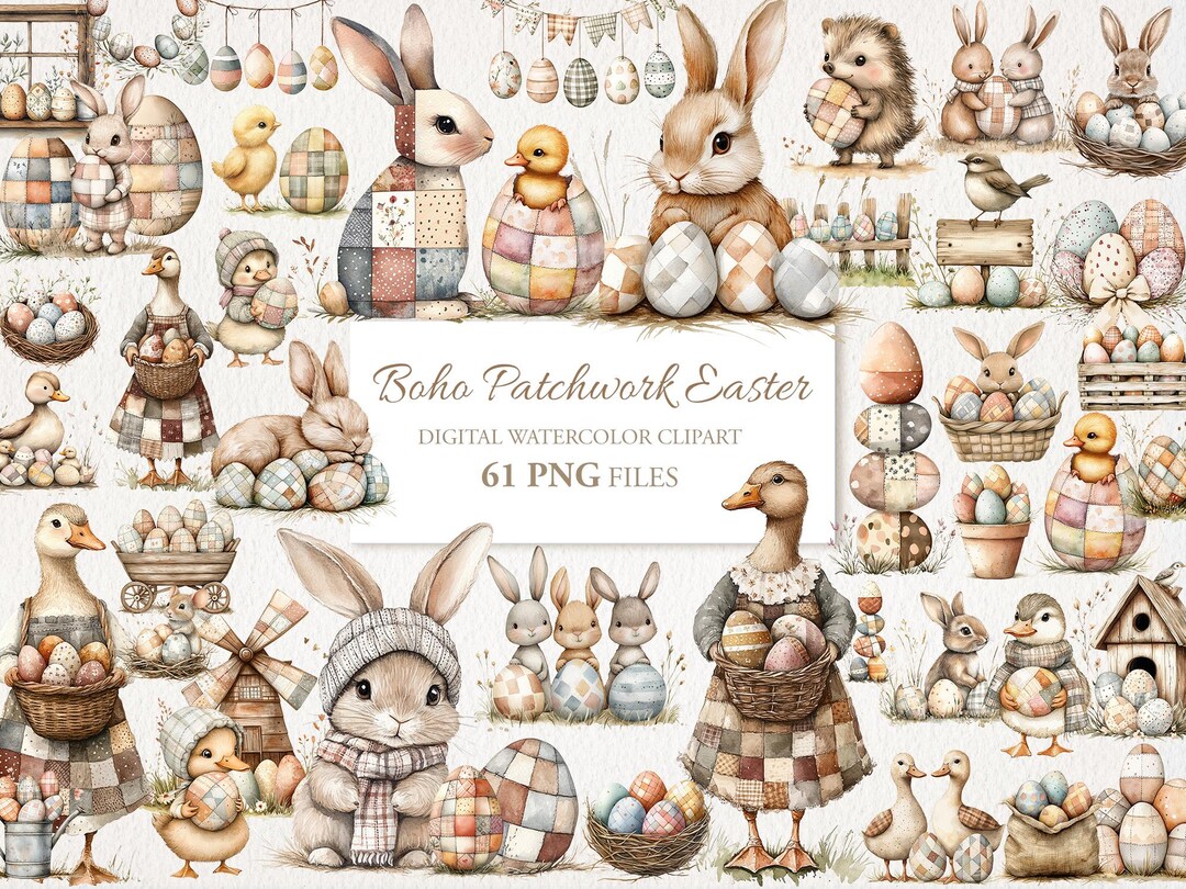 Boho Quilt Patchwork Easter Watercolor Clipart Bundle. Commercial Use ...