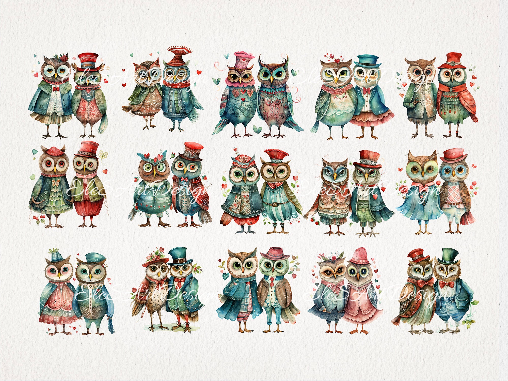 Owls in Love Cartoon Watercolor Clipart PNG Bundle. Birds. AI ...