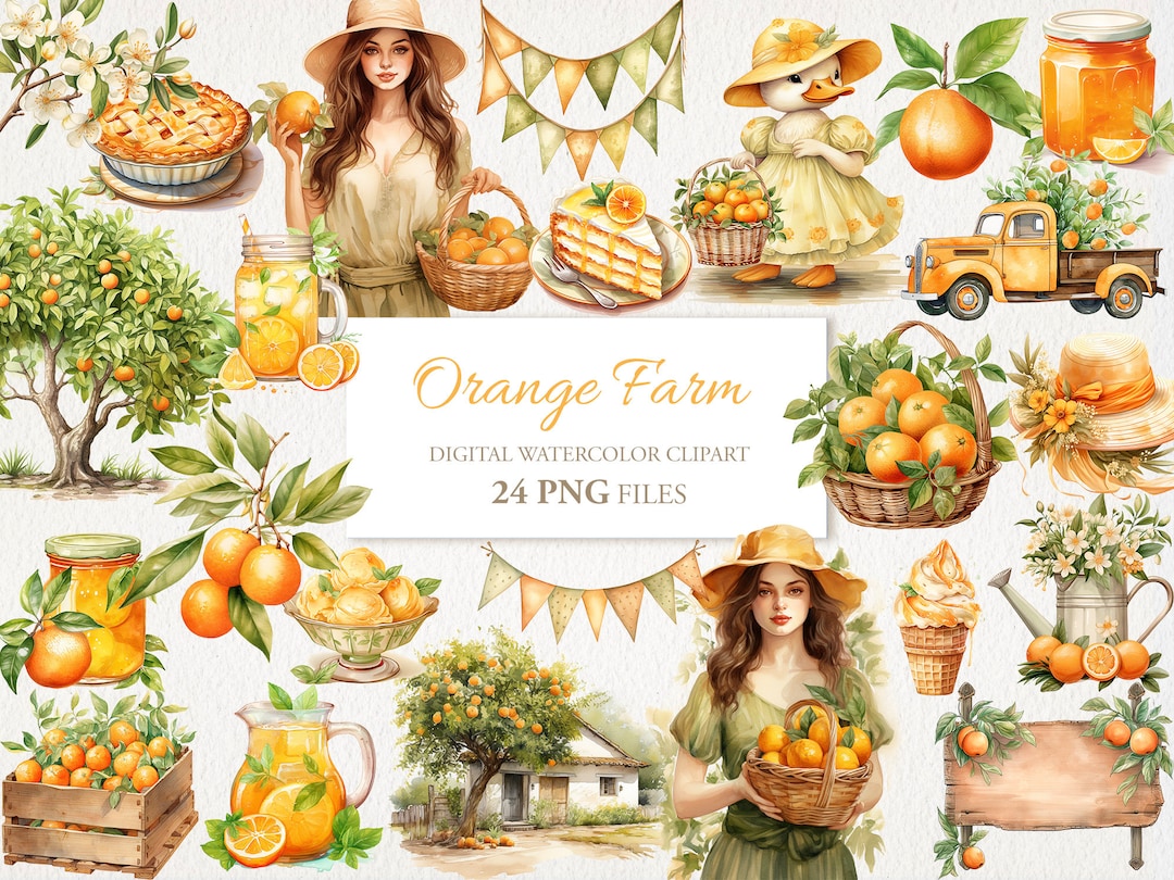 Orange Farm Summer Watercolor Clipart PNG Bundle. AI Illustration ...