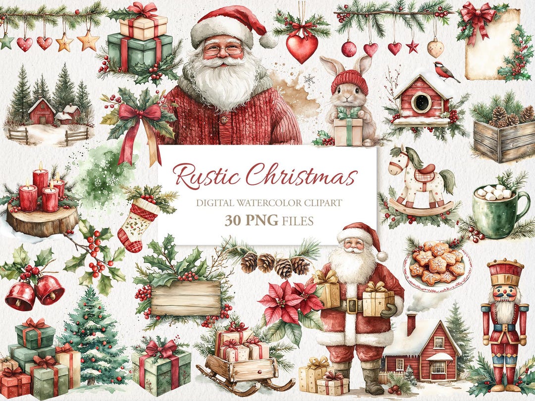 Rustic Red Green Christmas Winter Watercolor Clipart Bundle. AI ...