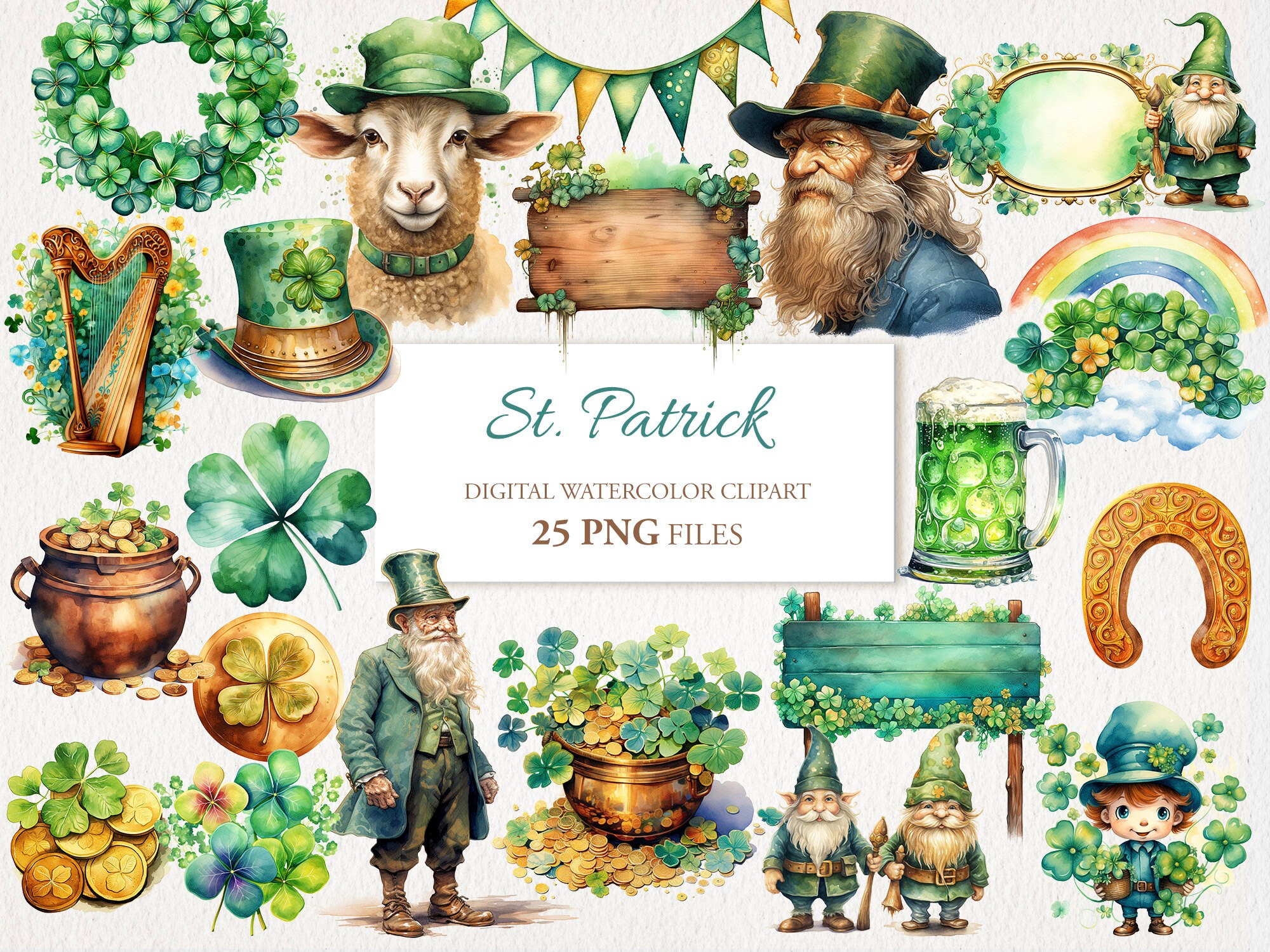 St. Patrick Day Watercolor Clipart PNG Bundle. AI Illustration. Instant ...