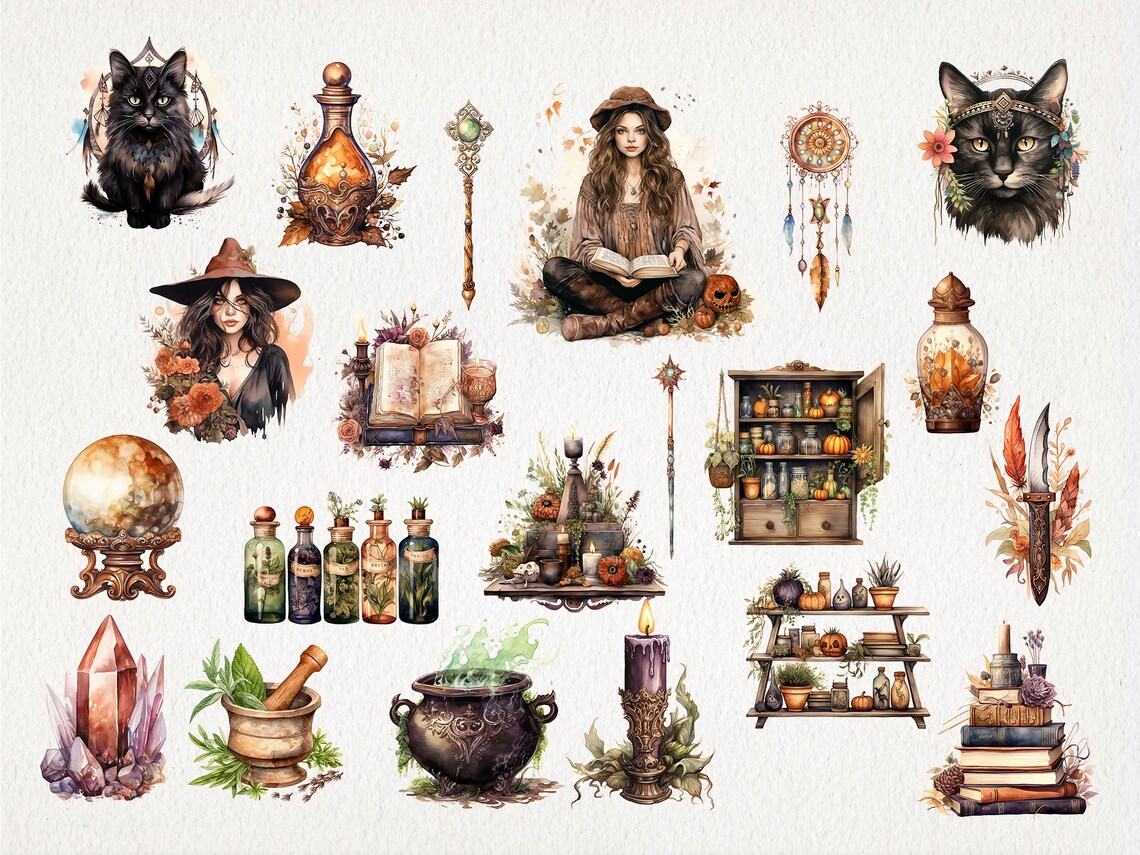 Wicca Witch Boho Earth Witchcraft Watercolor Clipart PNG Bundle AI ...