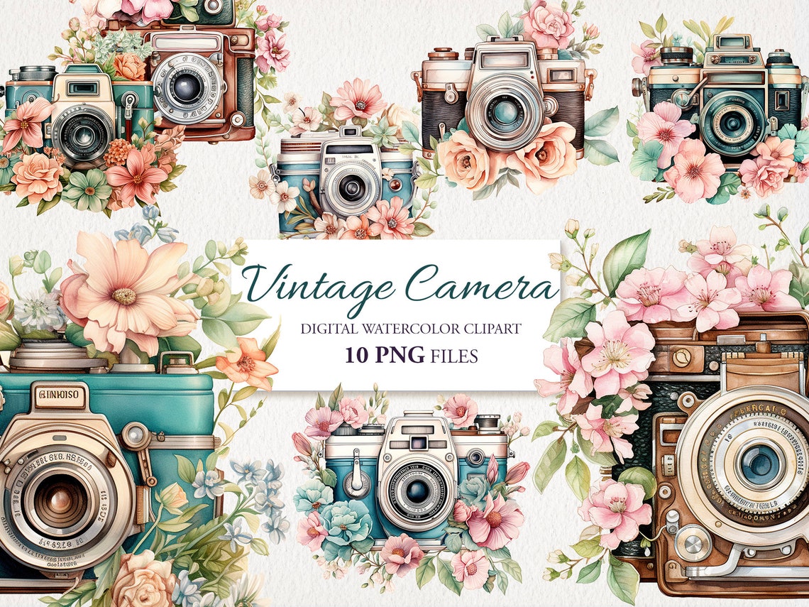 Vintage Camera Watercolor Clipart PNG Bundle. Floral Retro Cameras ...